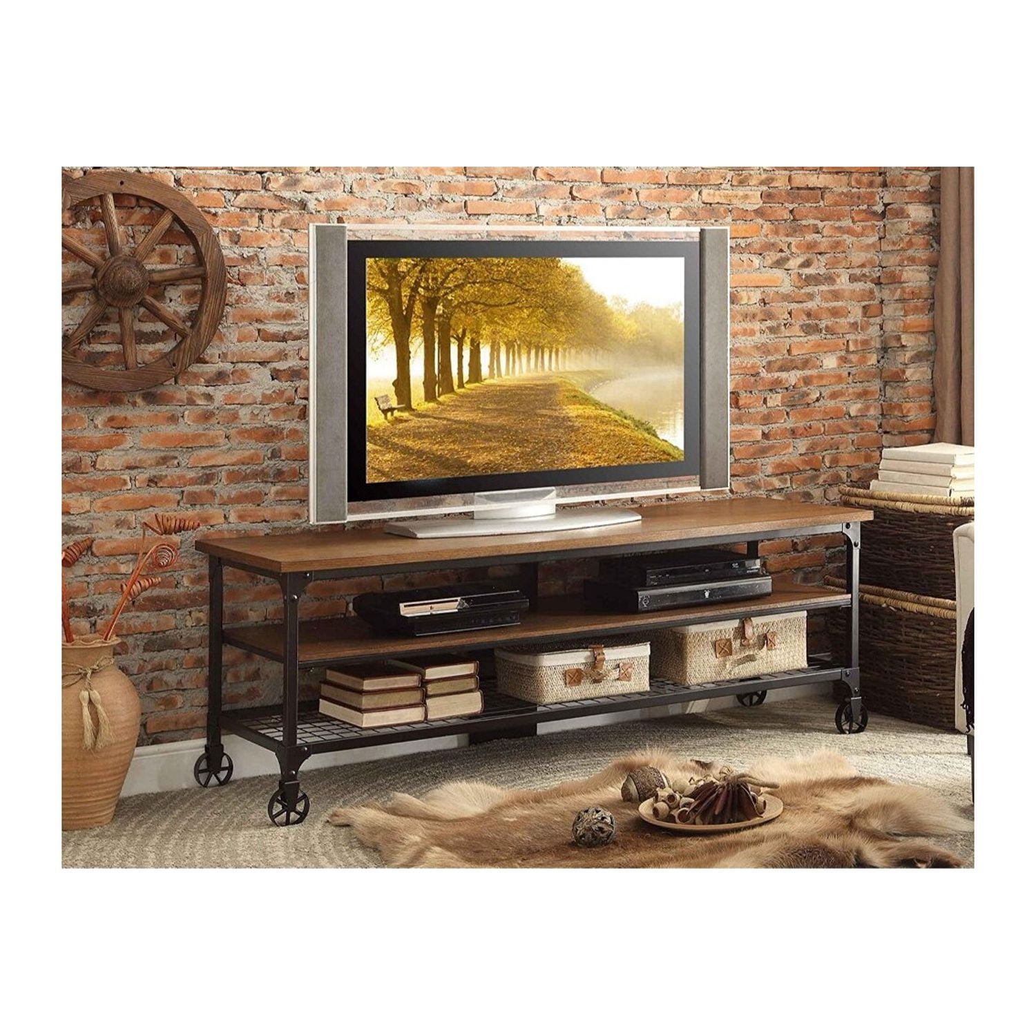 Benzara Industrial Style Metallic TV Stand With Wooden Top And Shelf ...
