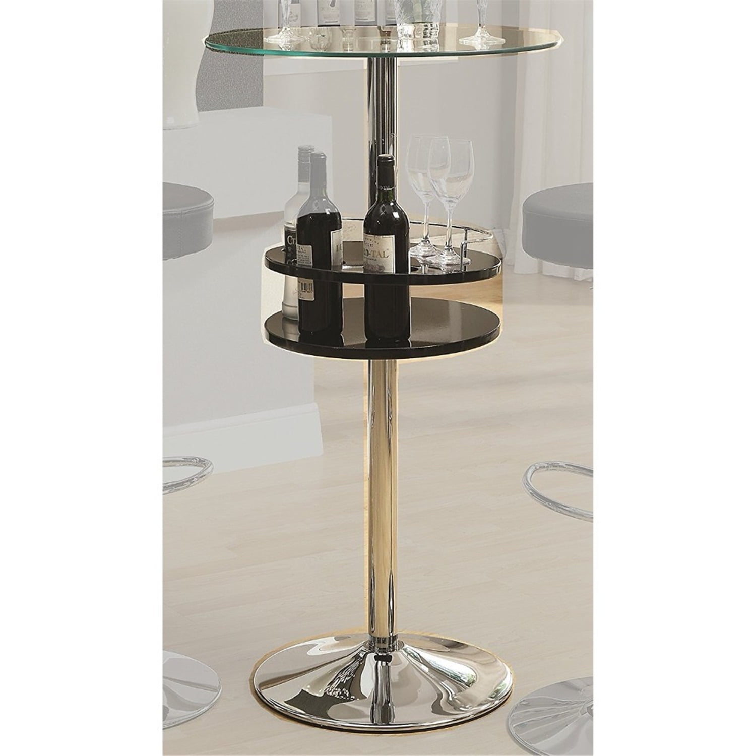 Round Bar Table with Tempered Glass Top and Storage, Black and Chrome ...