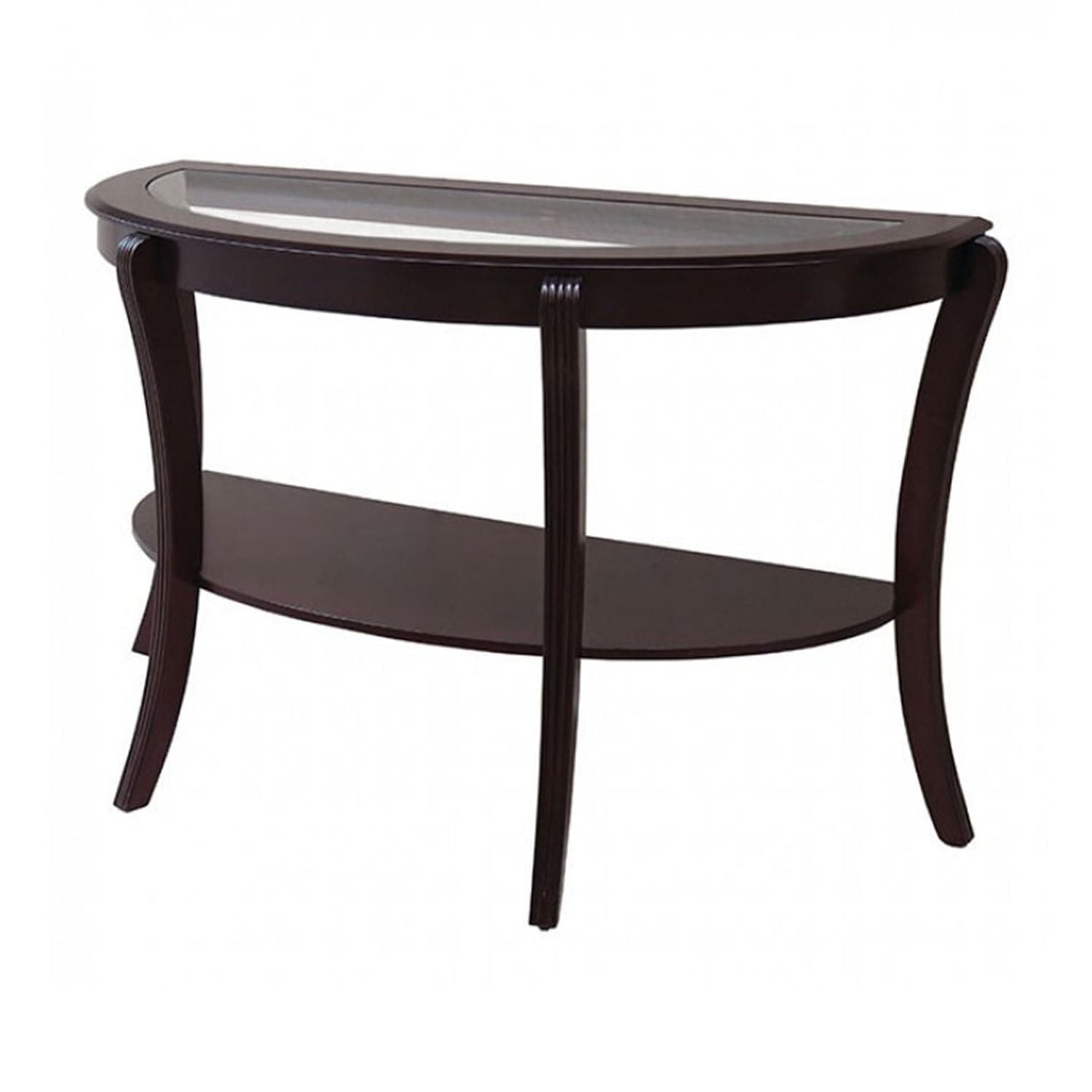 Semi Oval Solid Wood Table with Beveled Glass Top & Open Shelve ...