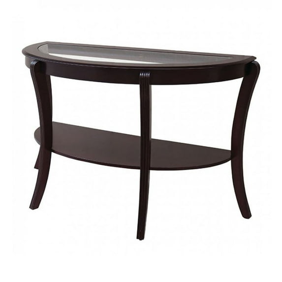 Semi Oval Solid Wood Table with Beveled Glass Top & Open Shelve ...