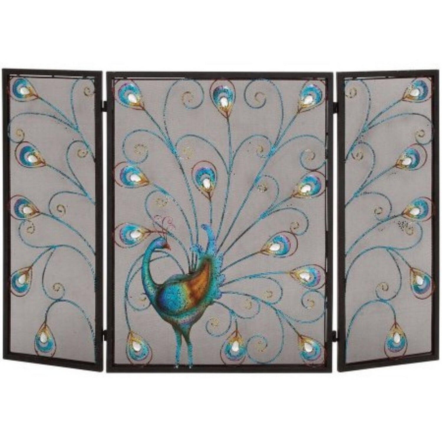 Benzara Folding Mesh Fireplace Screen, 3 Panel Metal, Peacock Design ...