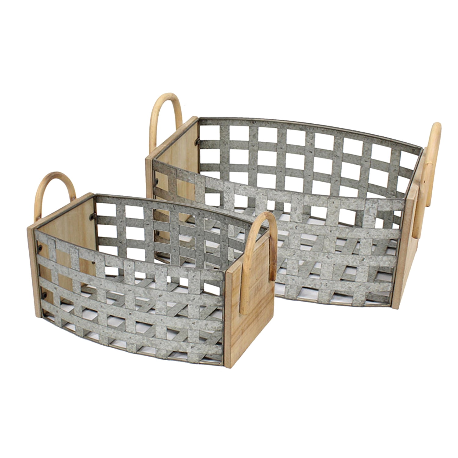 Benzara Transitional Style Tin and Wooden Woven Galvanized Basket with ...