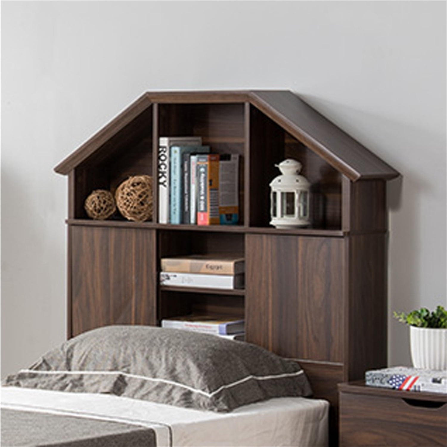 Twin Size Hut Style Bookcase Headboard In Wood, Dark Walnut Brown ...