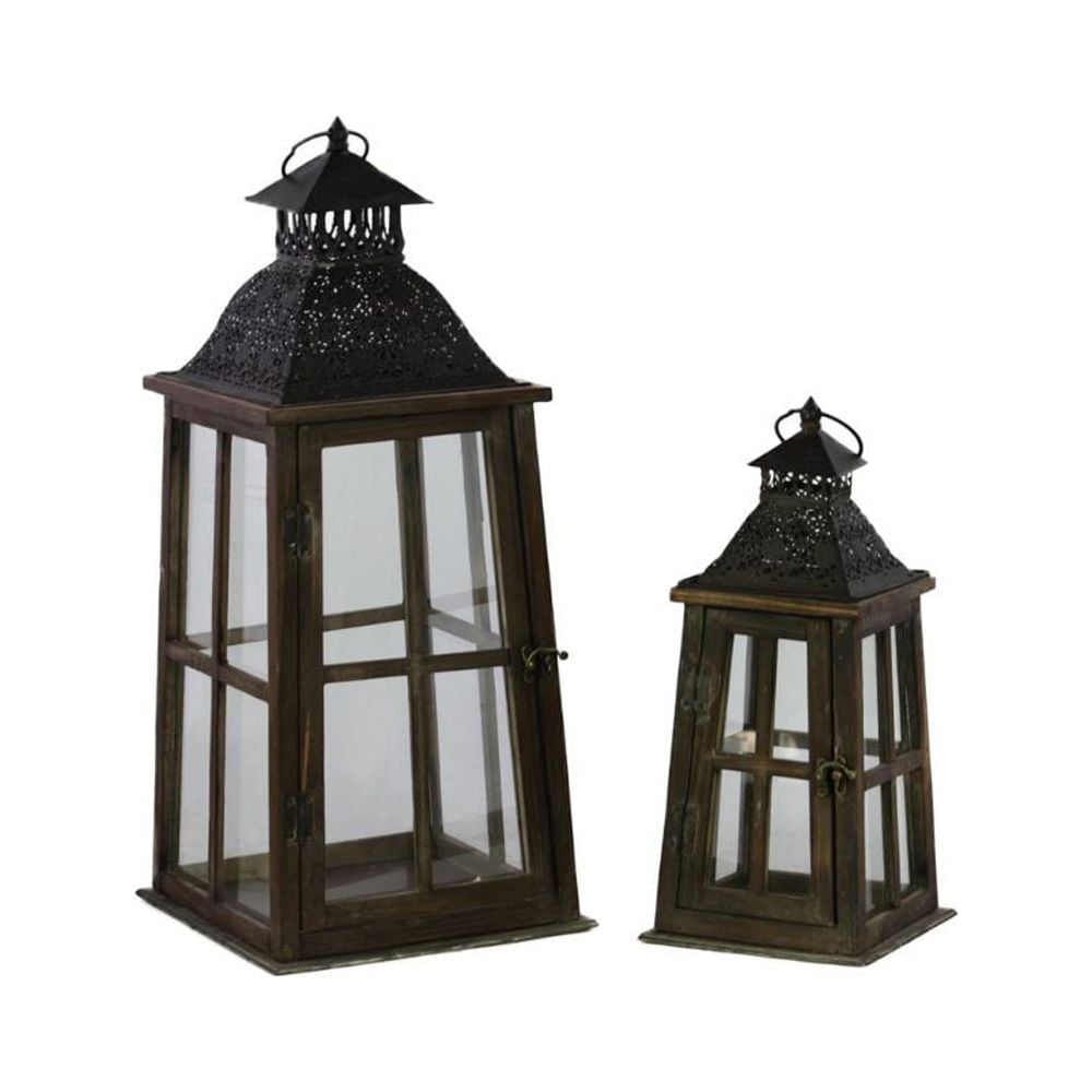 Wood Lantern With Ring Hanger And Black Metal Top Set Of Two - Walmart.com