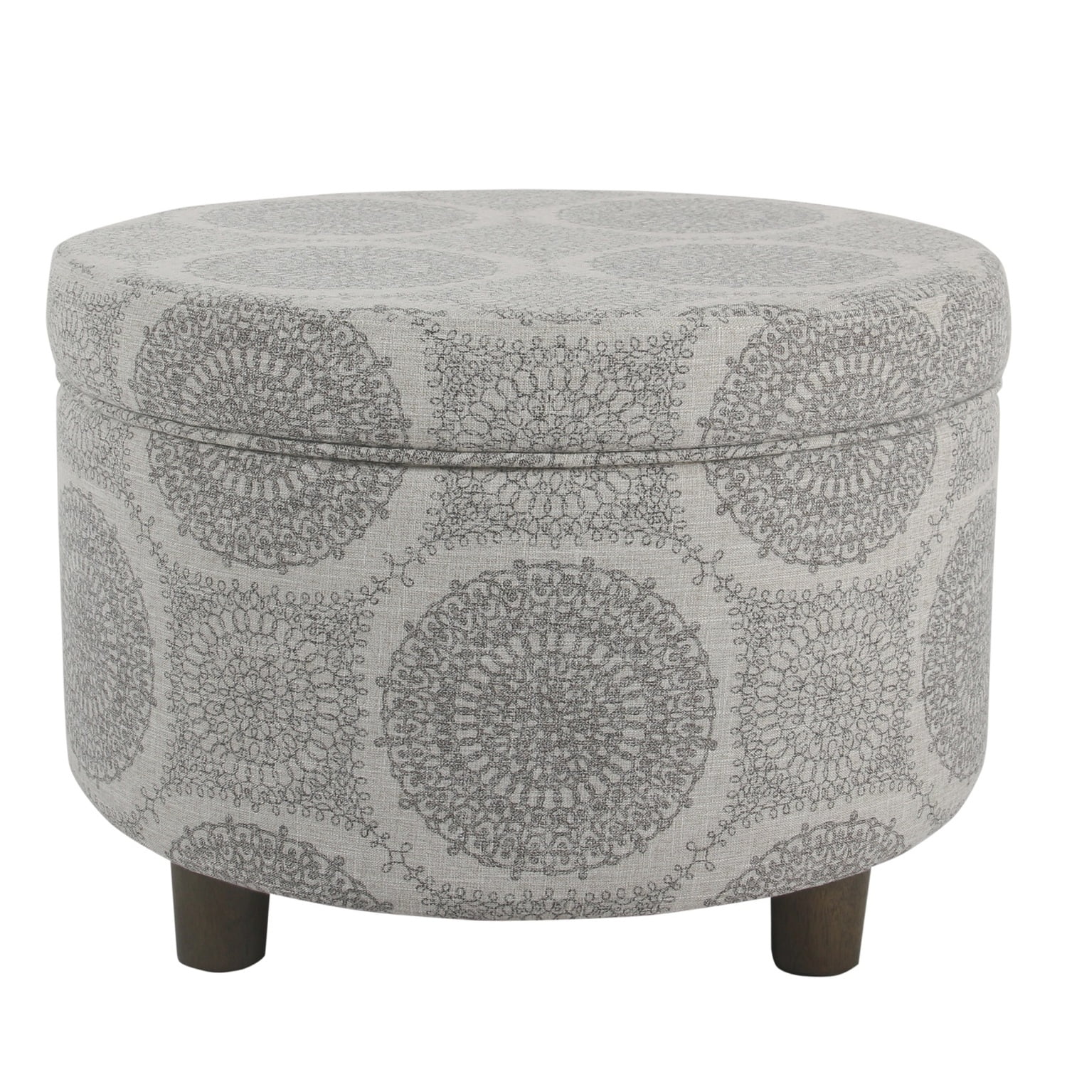 Benzara Wooden Ottoman with Medallion Patterned Fabric Upholstery and ...