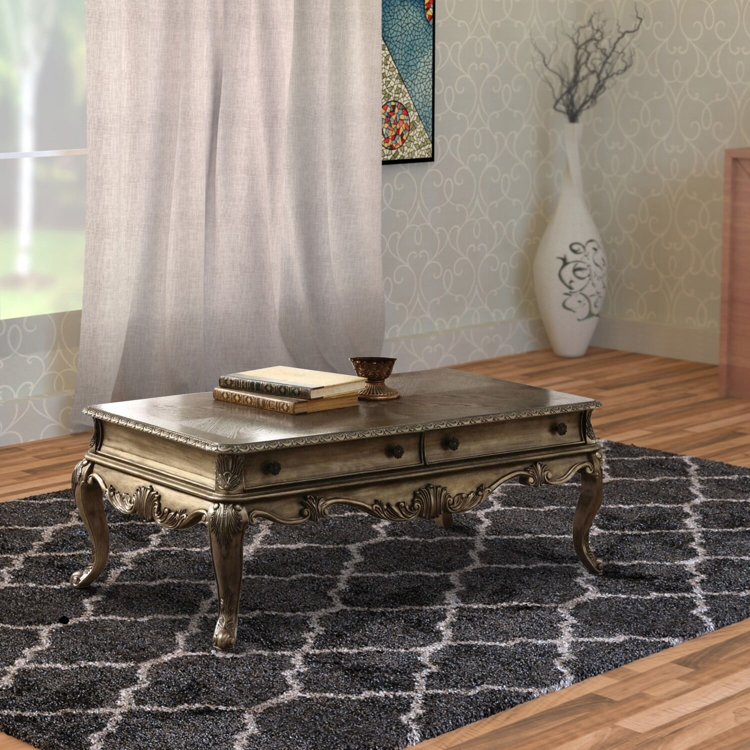 Benzara Wooden Rectangular Coffee Table with Cabriole Legs and Two ...