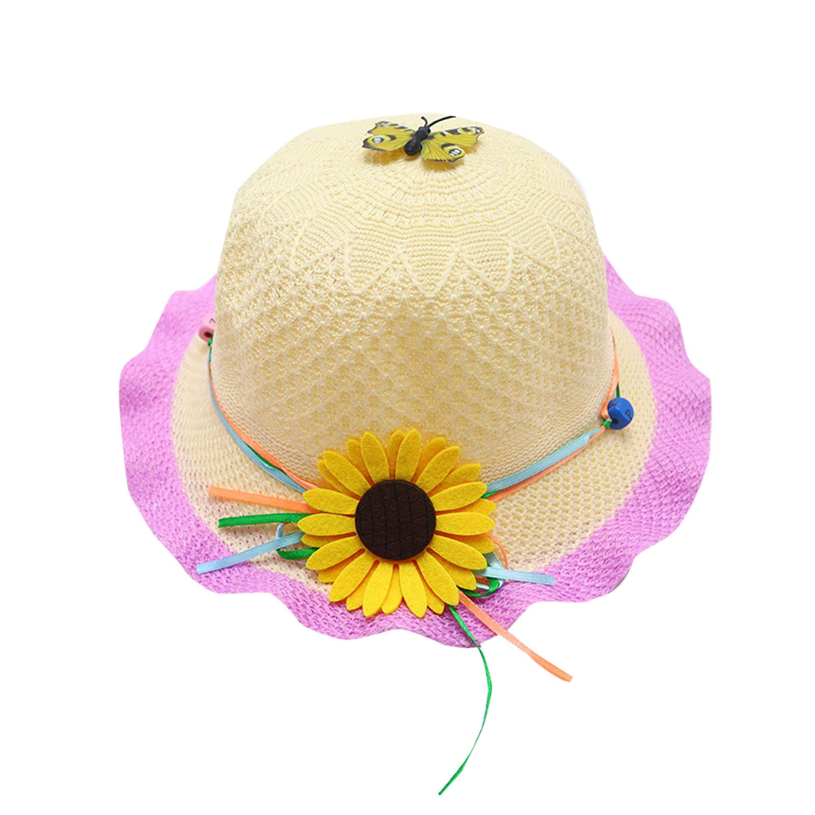 Beollynier Cute Summer Wide Brim Wavy Straw Hat for Kids 3-7Y - Sun ...