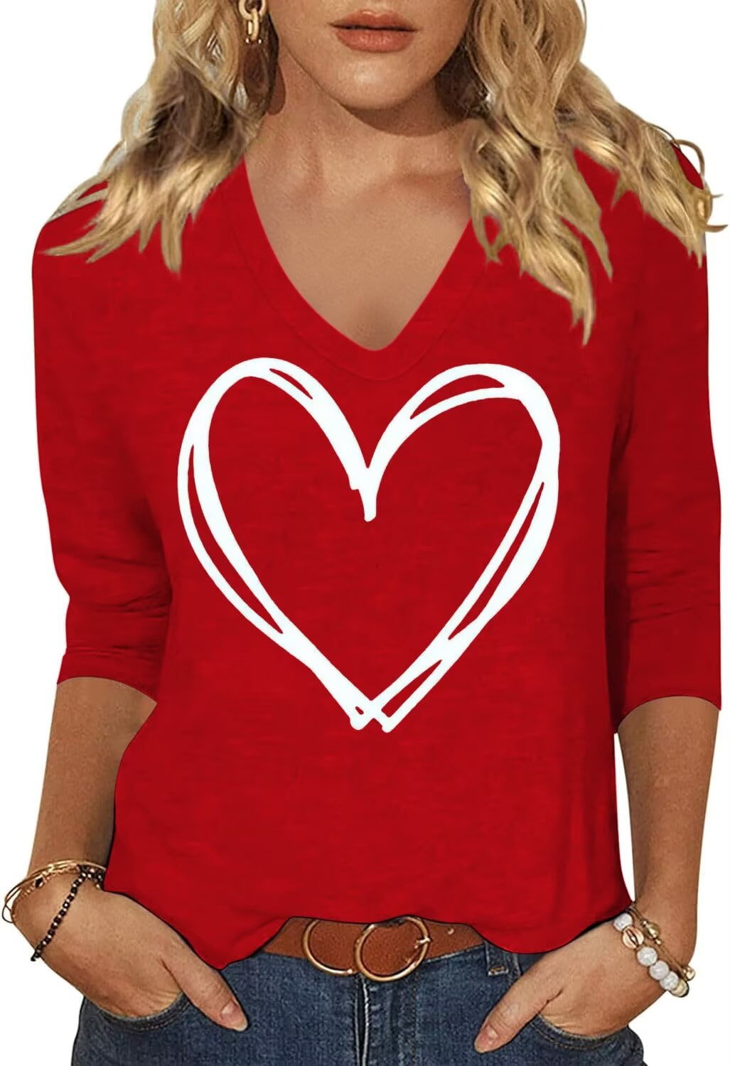 Beopjesk Womens Casual Love Heart Shirts 3/4 Sleeve Valentine's Day Tees St Patrick's Day ...