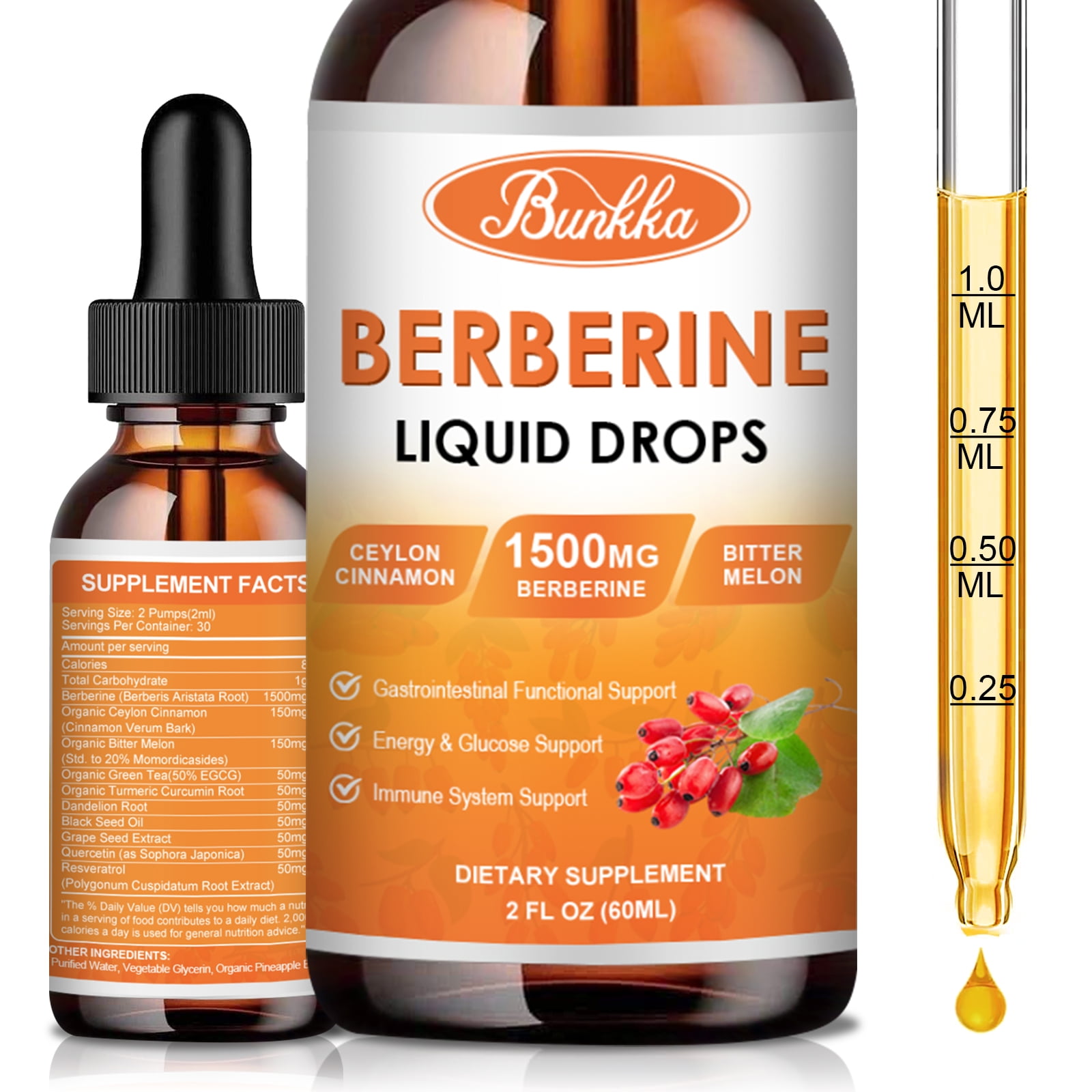 Berberine HCl Drops Supplement 1500 mg, Berberine HCl Liquid, with ...