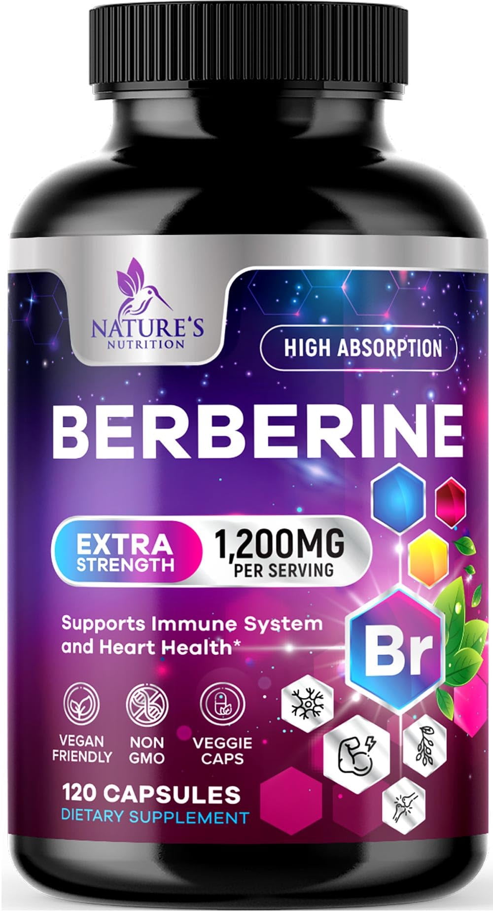 Nature's Nutrition Berberine HCL 1200mg Capsules Vegan for Heart and ...