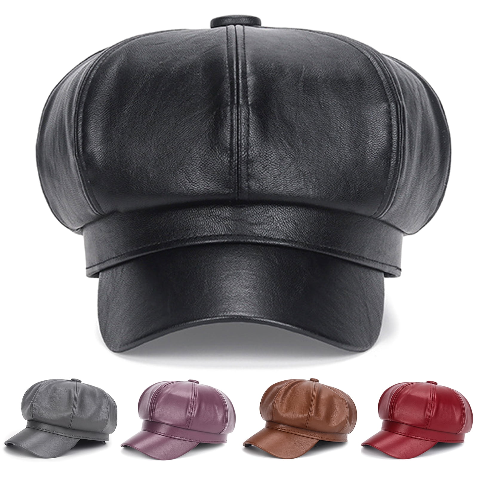Beret Cap 8 Panels Newsboy Caps for Women, PU Leather Cabbie Painter ...