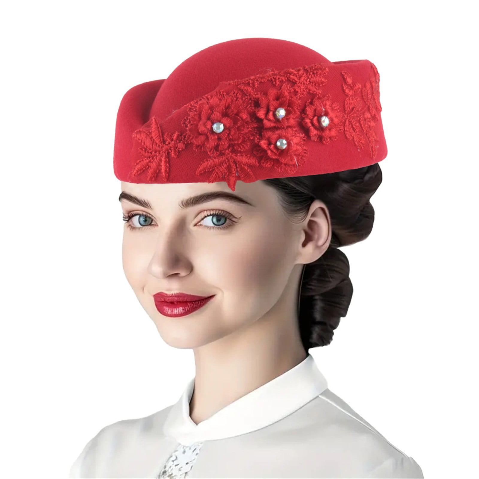 Beret Hats For Women Fashion Wide Brim Church Flower Applique Pillbox ...