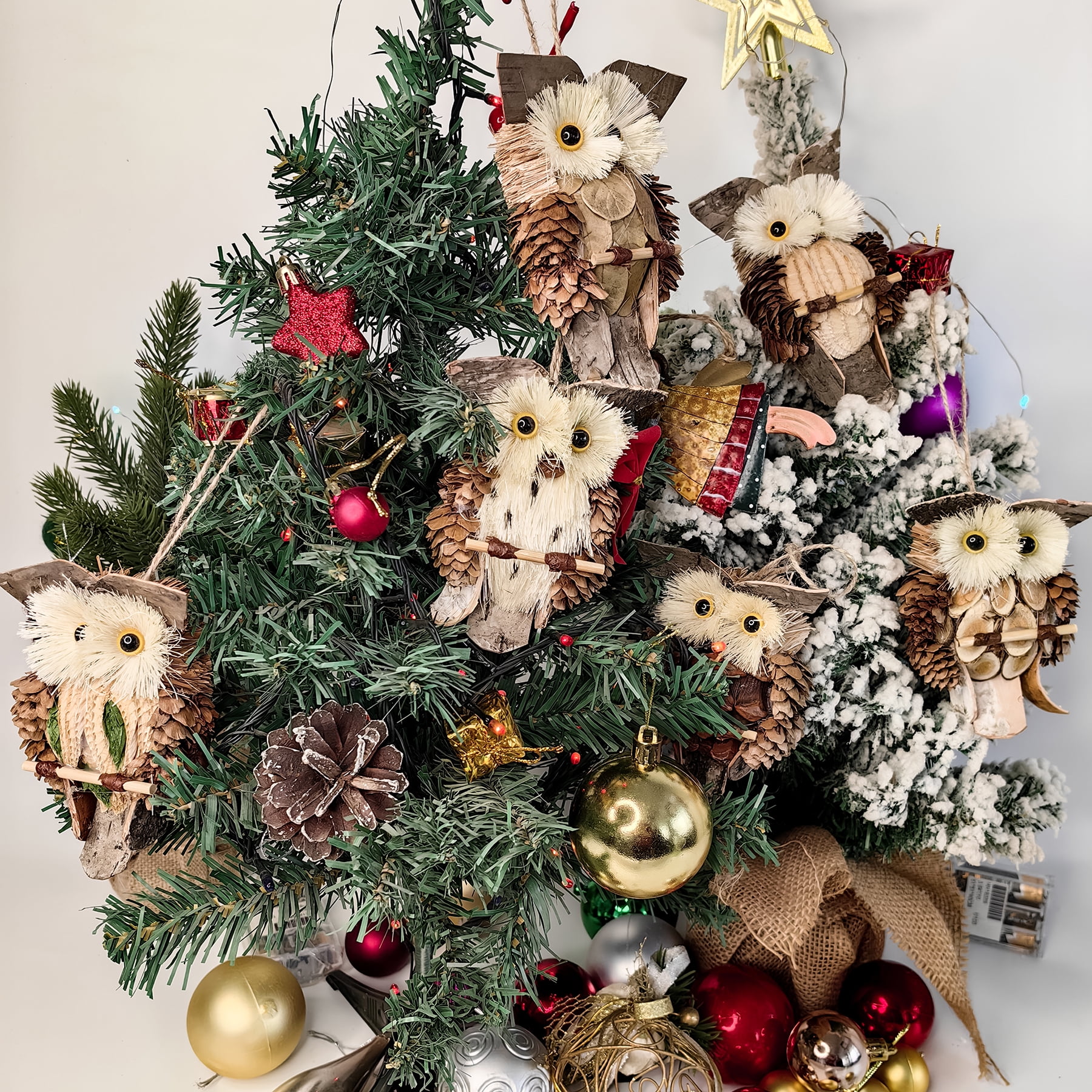 Berfutall-Woodland Animal Owl Ornaments, Wood and Sisal, Set of 6 ...
