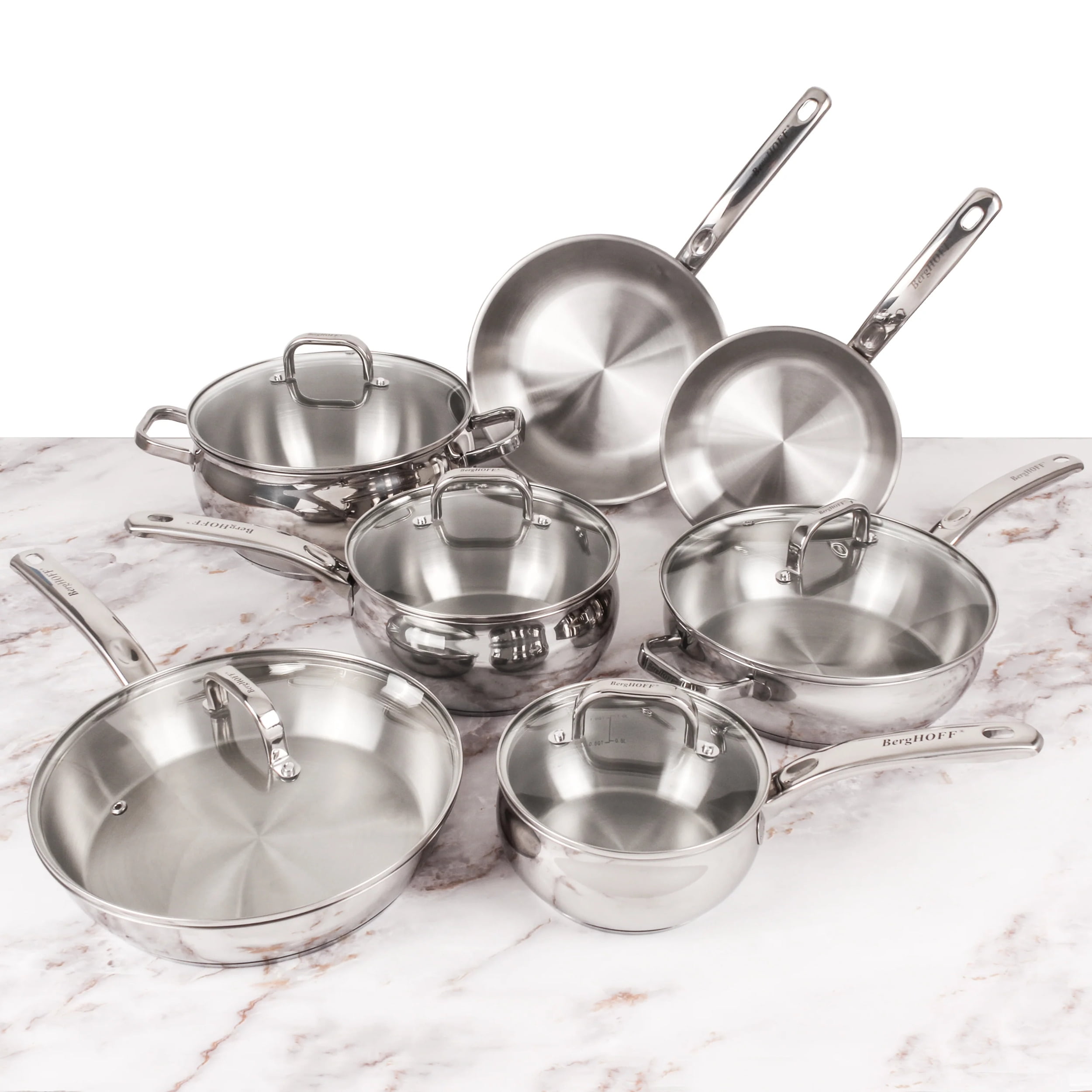BergHOFF 12Pc 18/10 Stainless Steel Cookware Set with Glass Lid, Belly ...