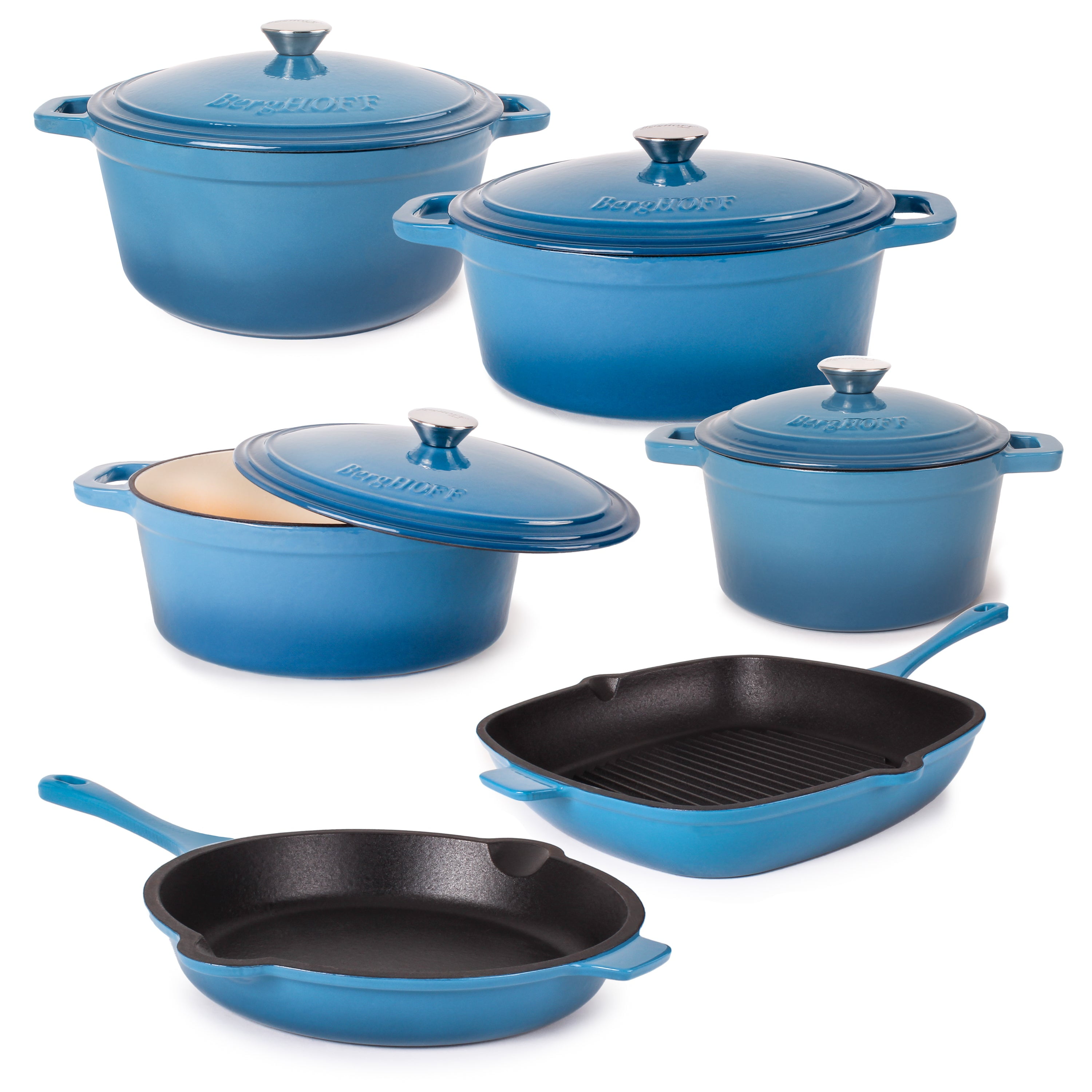 BergHOFF Neo 10Pc Enamel Cast Iron Pots, Pans & Dutch Cooking Set, Blue ...