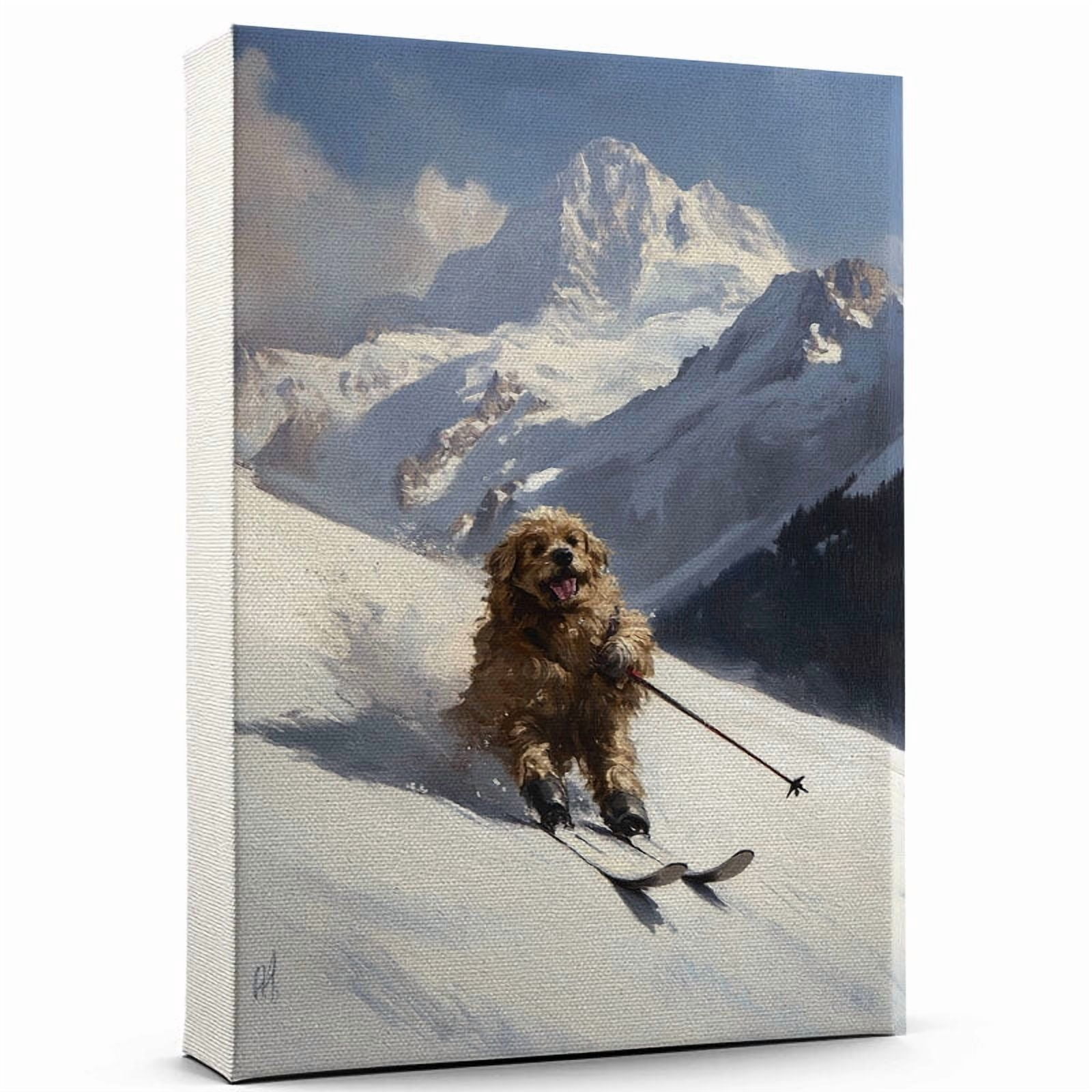 Bergamasco Sheepdog Cute Dog Skiing Stretched Canvas Size 8x12 – Retro ...