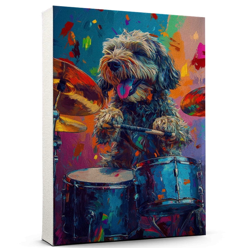 Bergamasco Sheepdog Dog Playing Drum Kit Stretched Canvas Size 8x12 ...