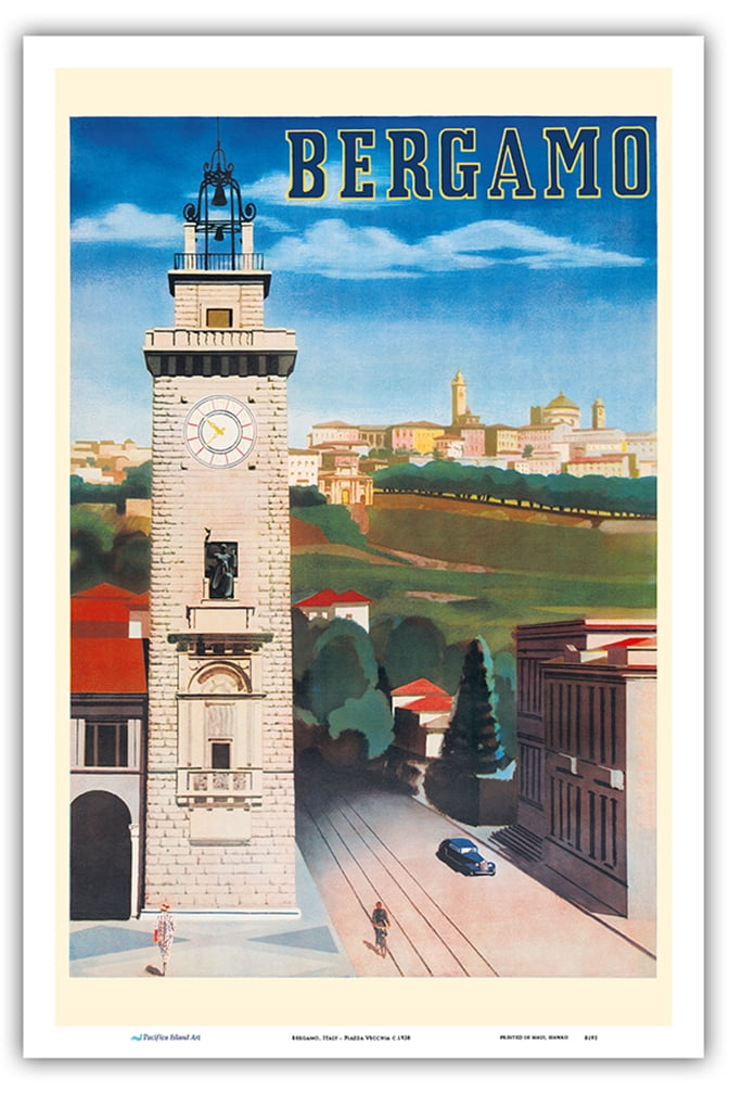 Bergamo Italy - Piazza Vecchia Clock Tower - Vintage Travel Poster c ...