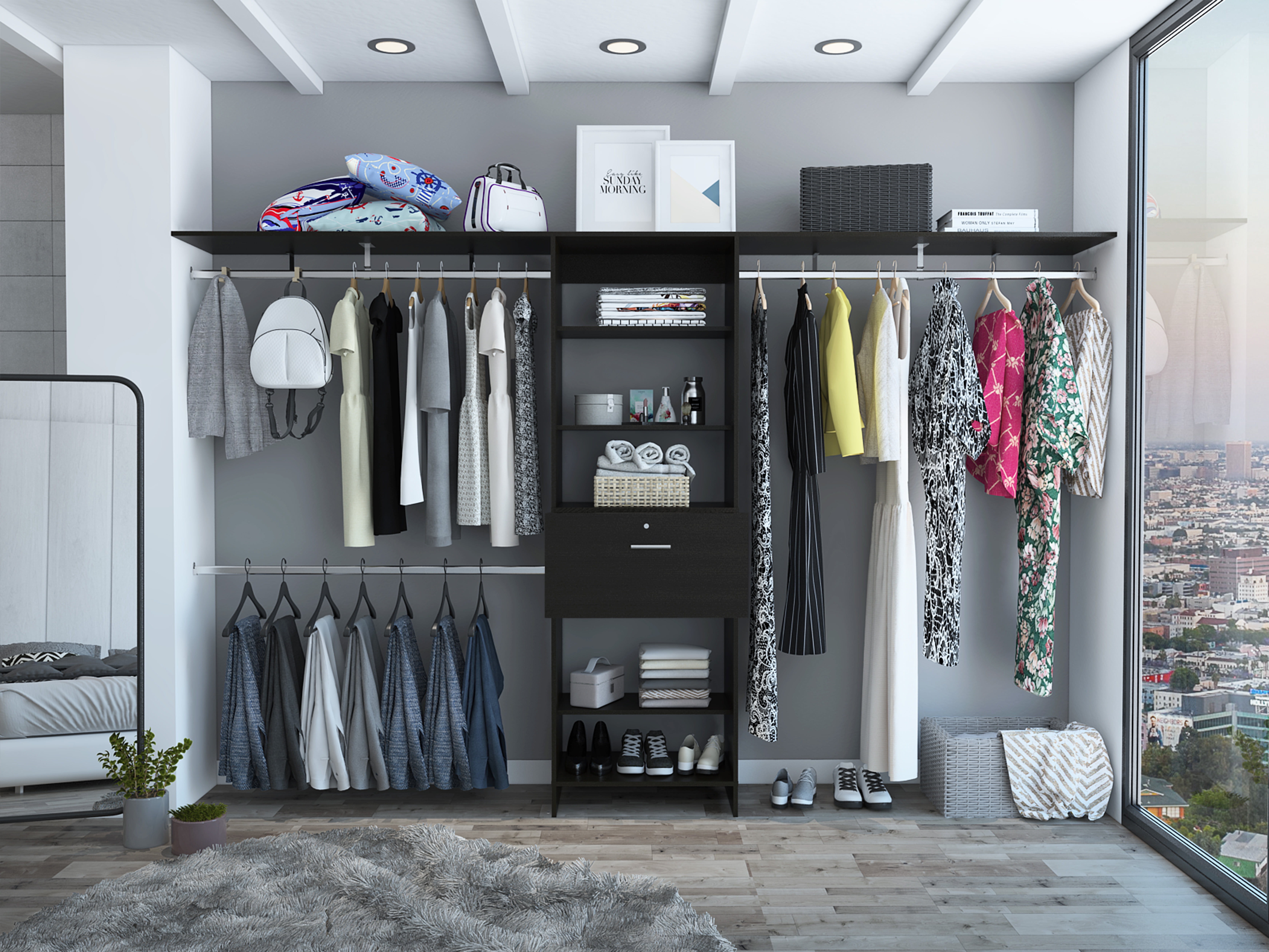 Bergen 1-Drawer 4-Shelf Closet System Dark Walnut,Black Particle Board ...