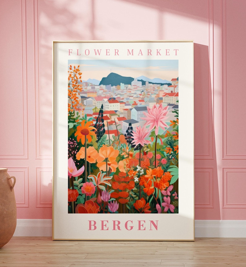 Bergen Flower Market Poster, Norway Floral Illustration, Botanical Wall ...