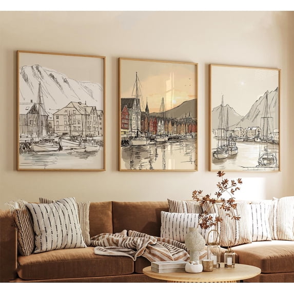 Bergen Norway Art Print Set Sketch Style Travel Poster Neutral Wall ...