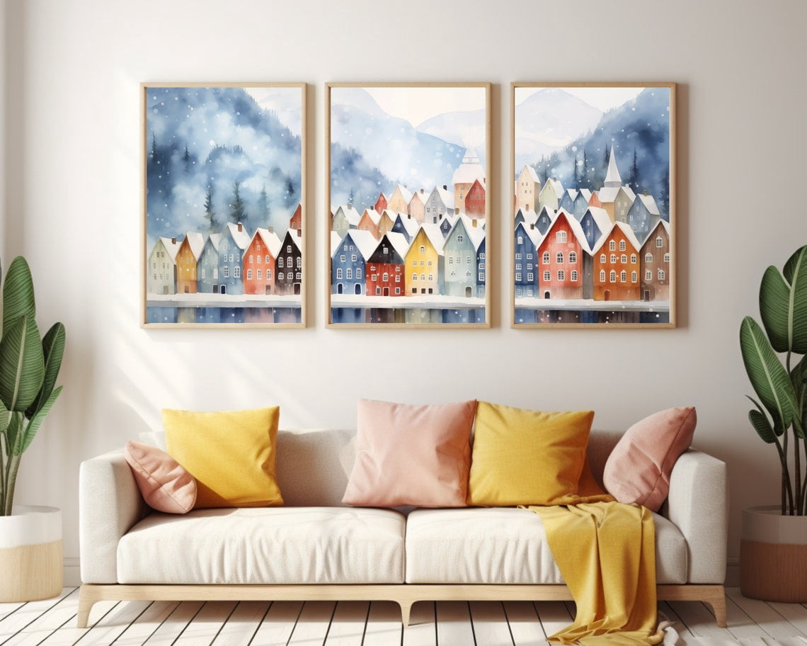 Bergen Norway Travel Wall Art Bryggen Waterfront Decor Nordic Cityscape ...