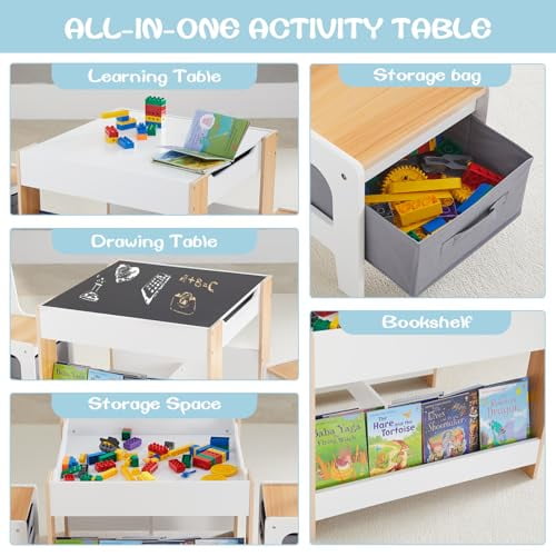 Beright Kids Table and Chairs Set, Multifunctional Toddler Desk with ...