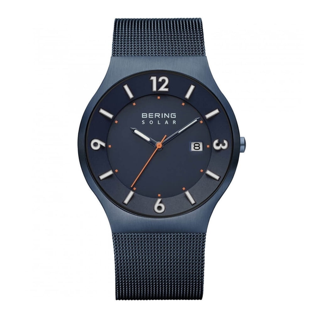 Bering Men's 14440-393 Solar Blue Dial Blue Mesh Bracelet Watch ...