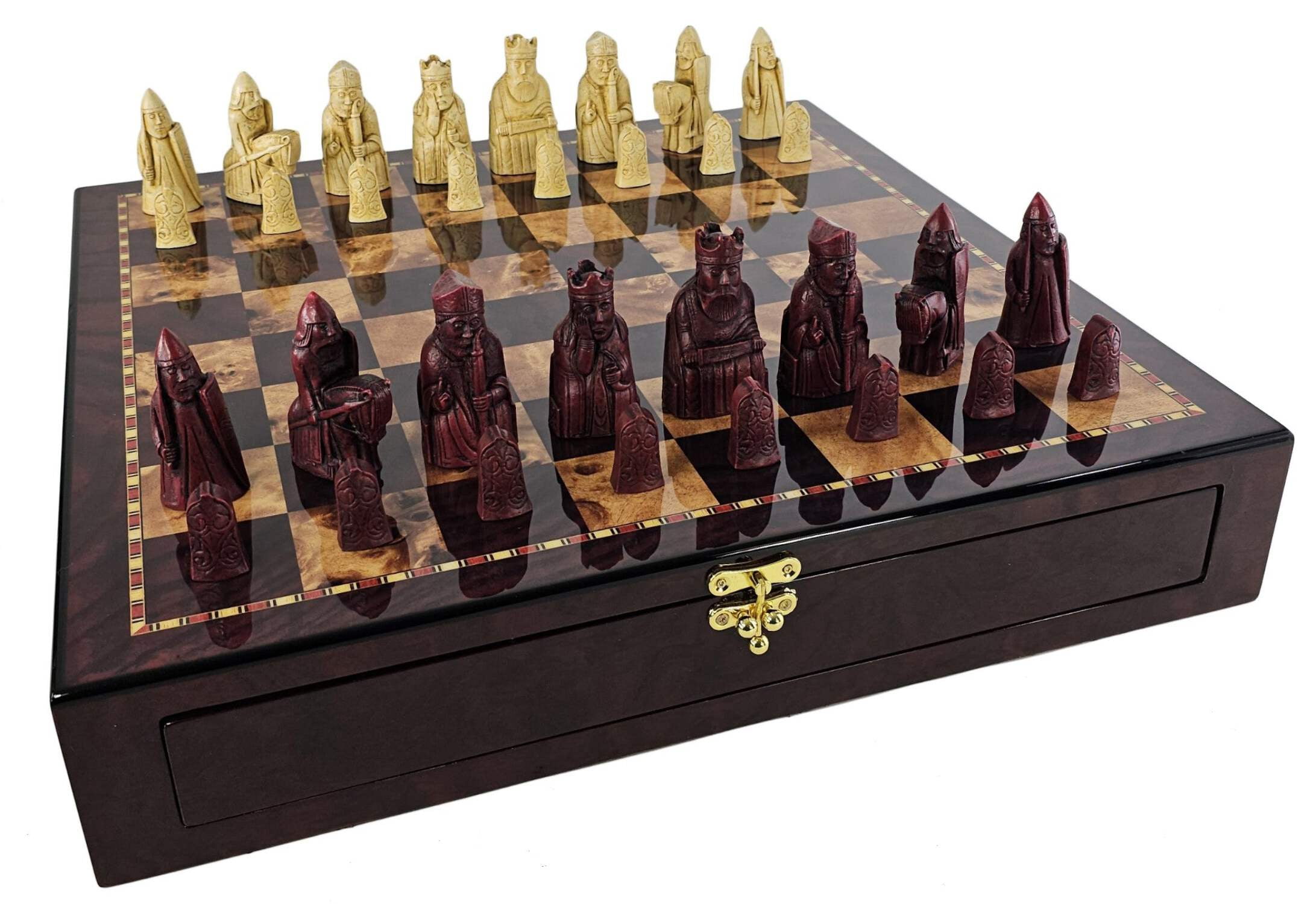 Berkeley Isle of Lewis Red Medieval Chess Set 20" Cherry Color Storage ...