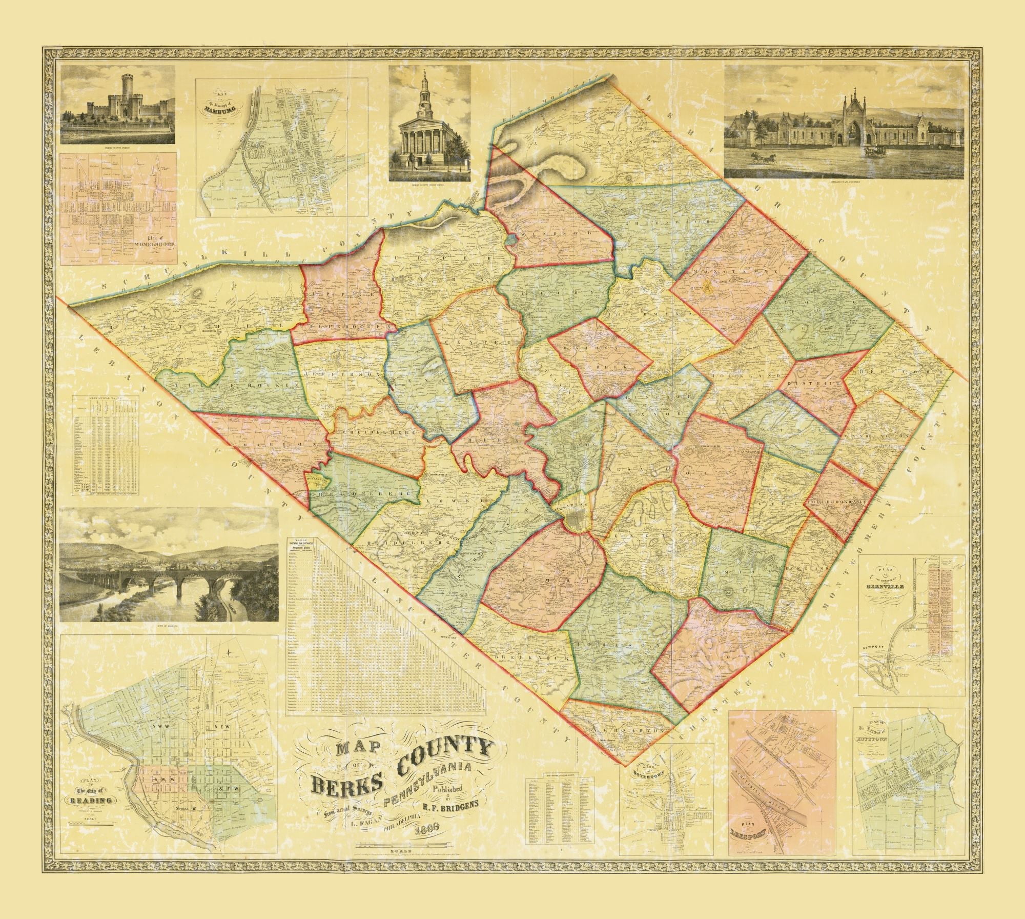 Historic County Map - Berks County Pennsylvania - Bridgens 1860 - 25.67 ...