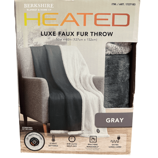 Berkshire Heated Luxe Faux Fur Throw Grey Electric Blanket, 50in x 60in ...