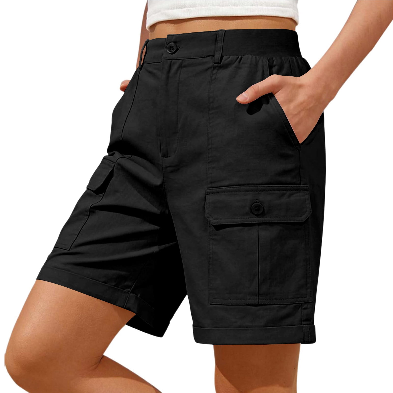 Bermuda Cargo Denim Shorts for Women Knee Length Pockets Elastic Waist ...