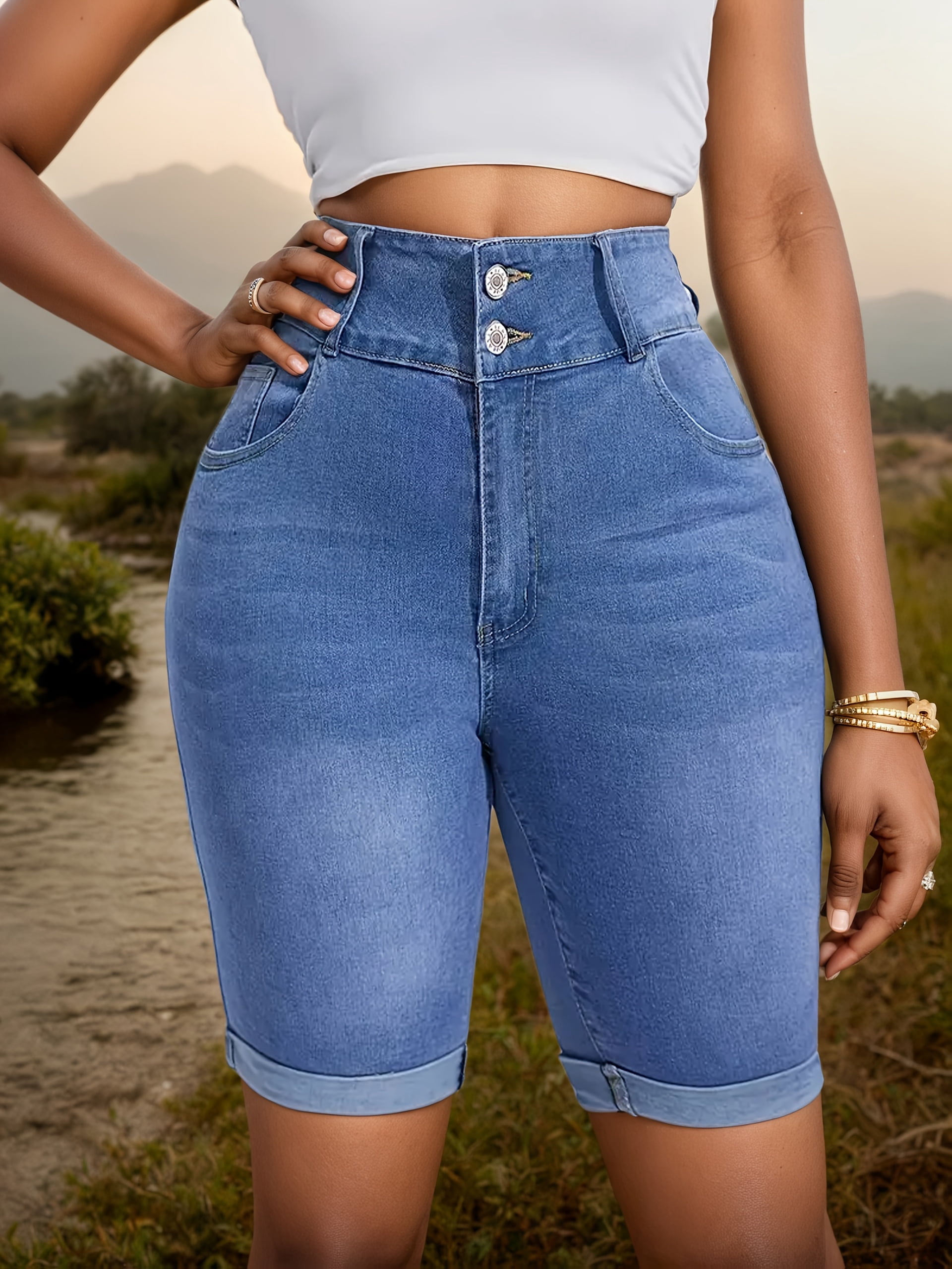 Bermuda Jean Shorts for Women: High Waisted Stretchy Trendy Denim ...