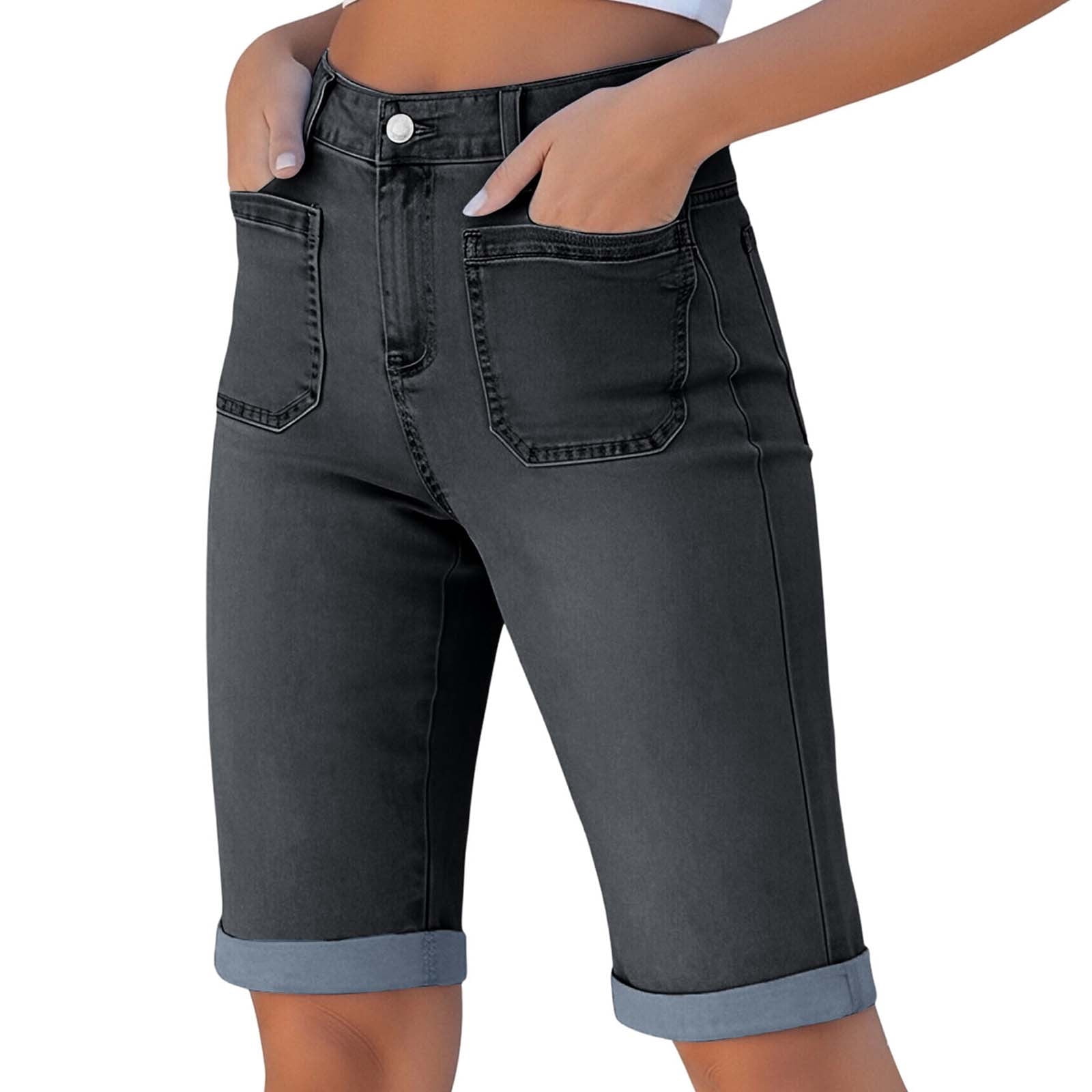 Bermuda Jean Shorts for Women High Waisted Trendy Patch Pocket Casual ...