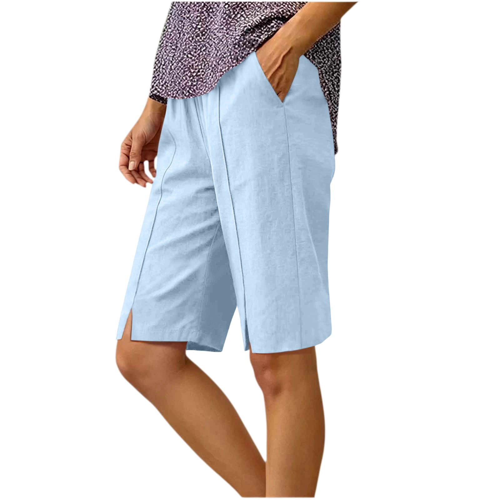 Bermuda Shorts For Women Pocketed Split Hem Knee Length Solid Market ...