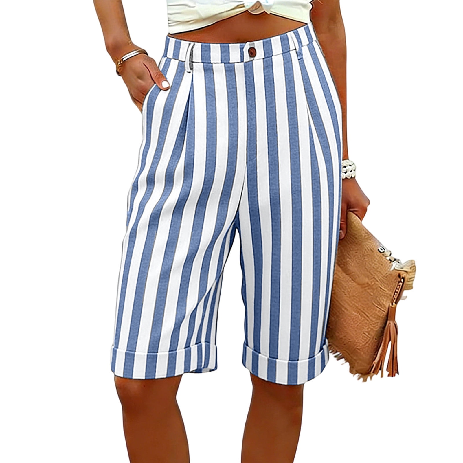 Bermuda Shorts For Women Knee Length Striped High Waisted Pocketed Wide ...