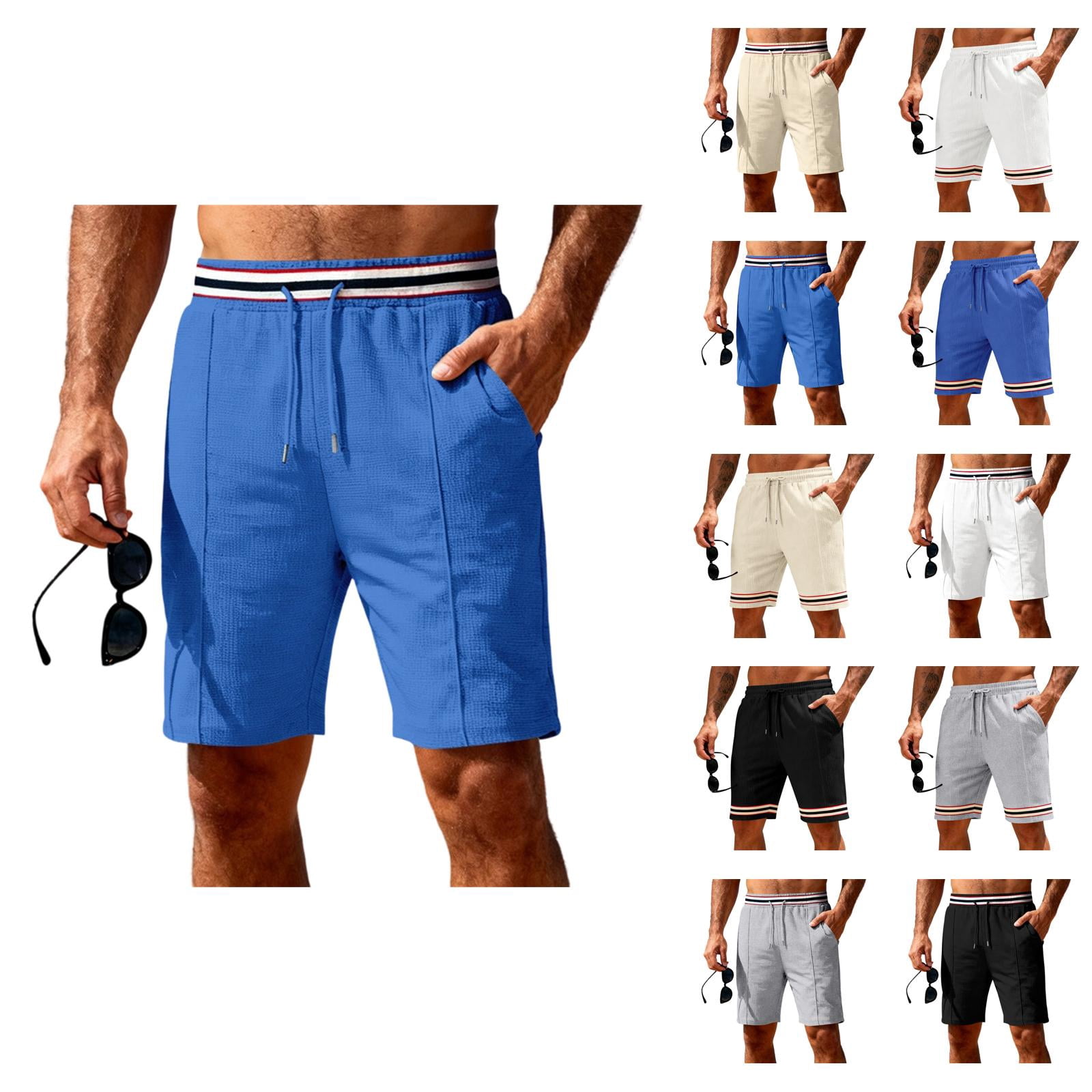 Bermuda Shorts for Men Summer Casual Waffle Knit Elastic Waist Straight ...