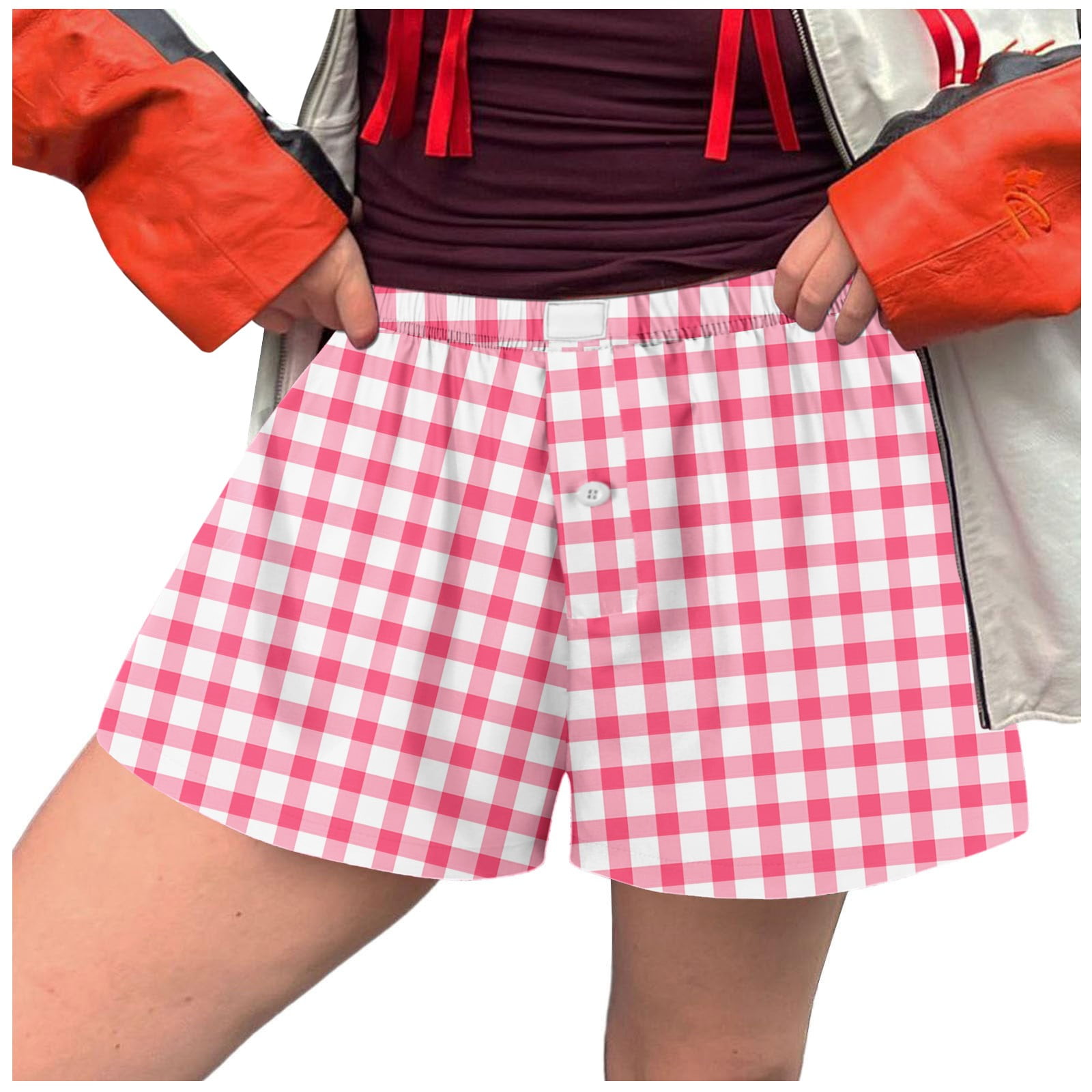 Bermuda Shorts for Women Cute Soft Elastic Low Waist Plaid Print Button ...
