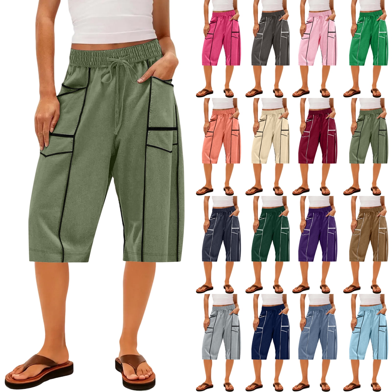 Bermuda Shorts for Women Drawstring High Waisted Wide Leg Shorts with ...