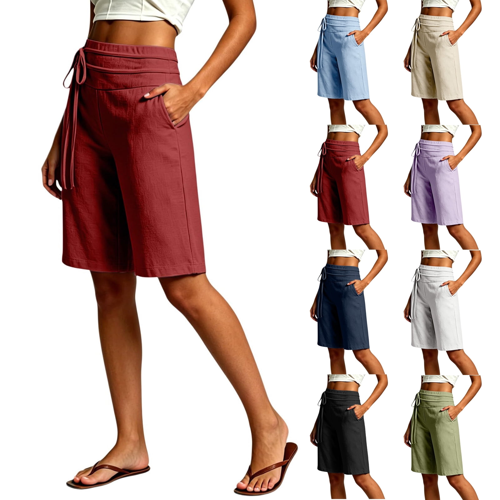 Bermuda Shorts for Women High Waisted Knee Length Baggy Shorts Cotton ...