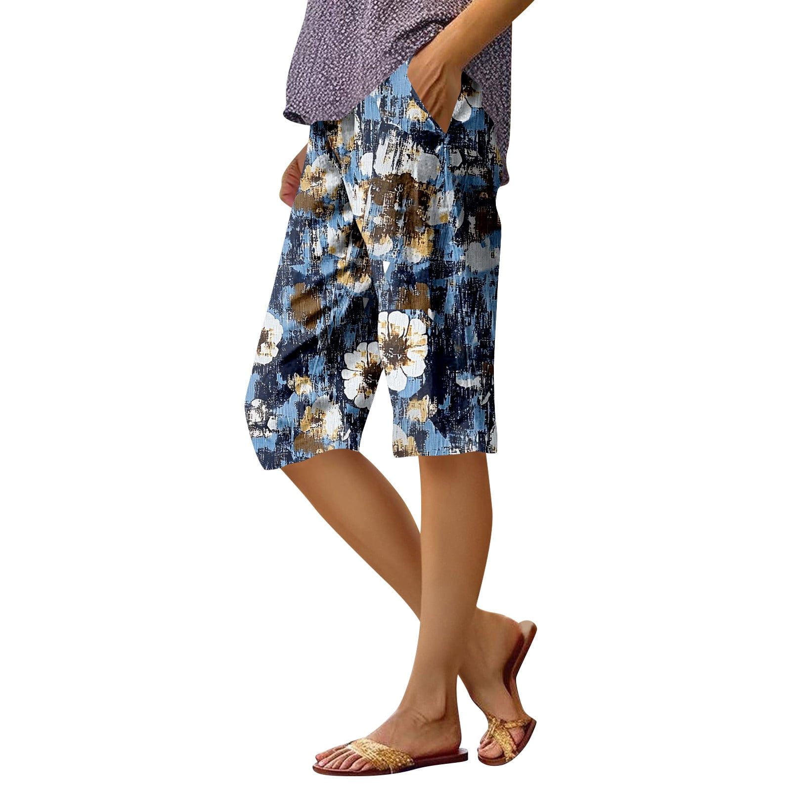 Bermuda Shorts for Women Knee Length Cotton Linen Wide Leg Summer ...