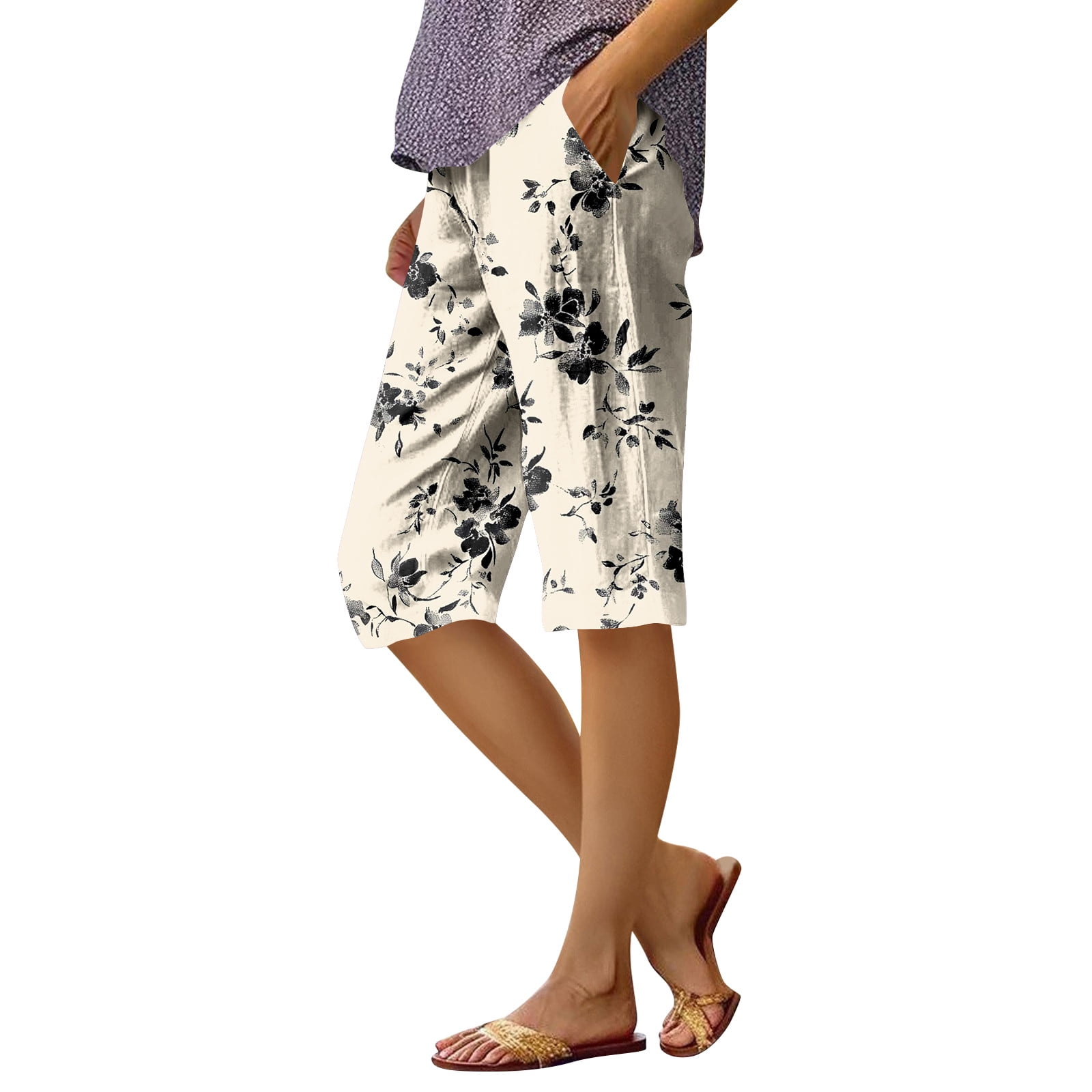 Bermuda Shorts for Women Knee Length Cotton Linen Wide Leg Summer ...