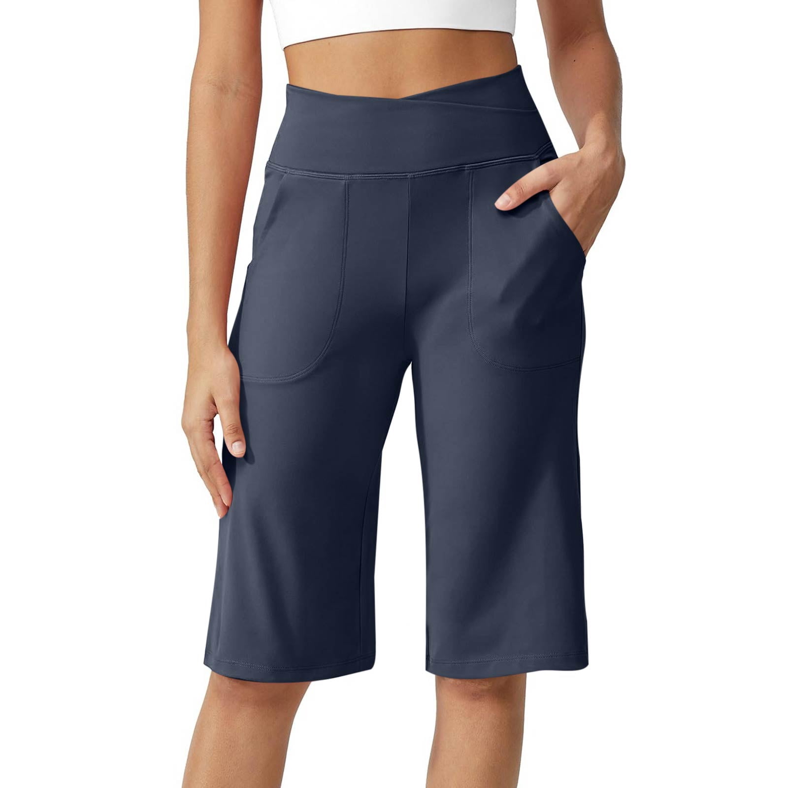 Bermuda Shorts for Women Knee Length Crossover Waist Wide Leg Yoga ...