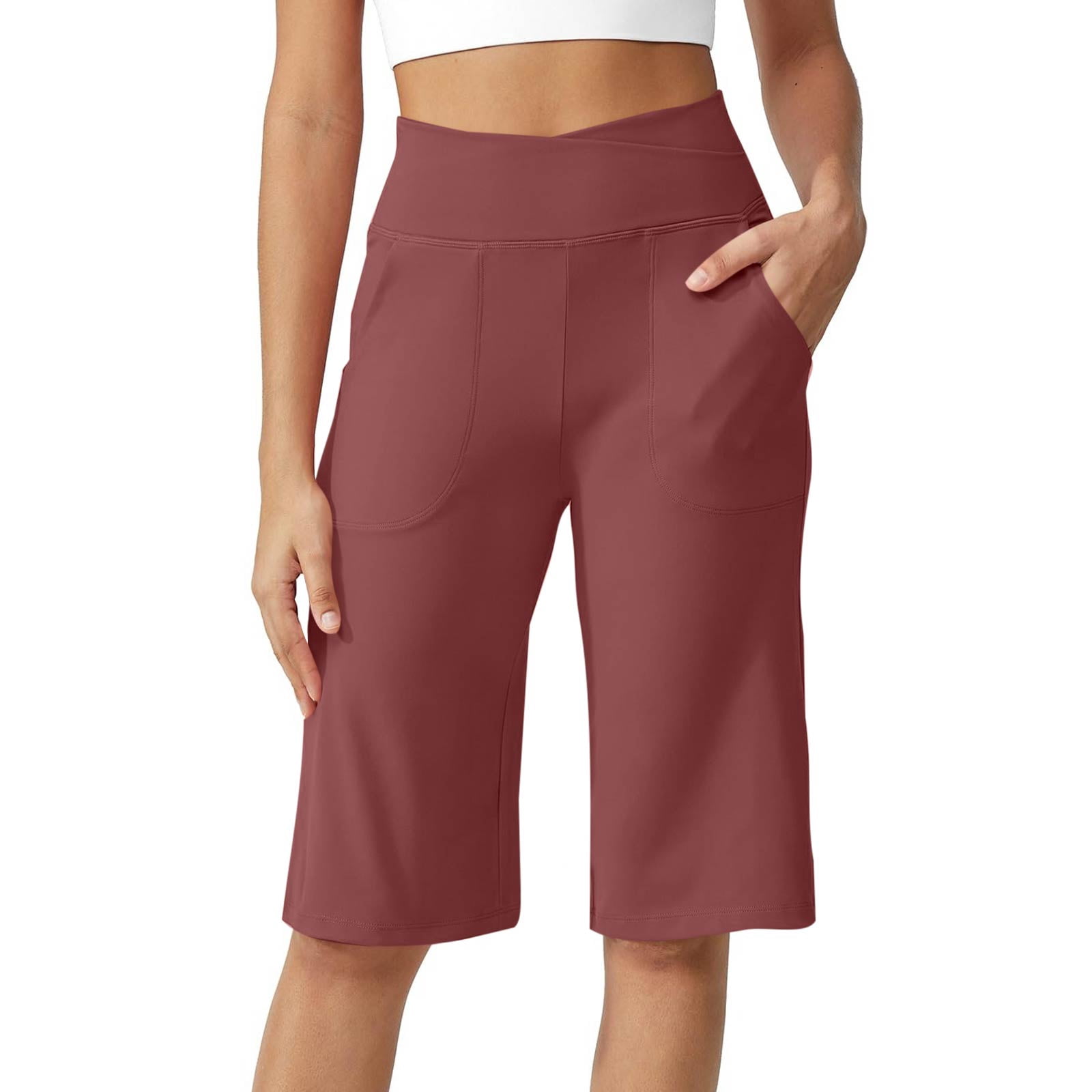 Bermuda Shorts for Women Knee Length Crossover Waist Wide Leg Yoga ...