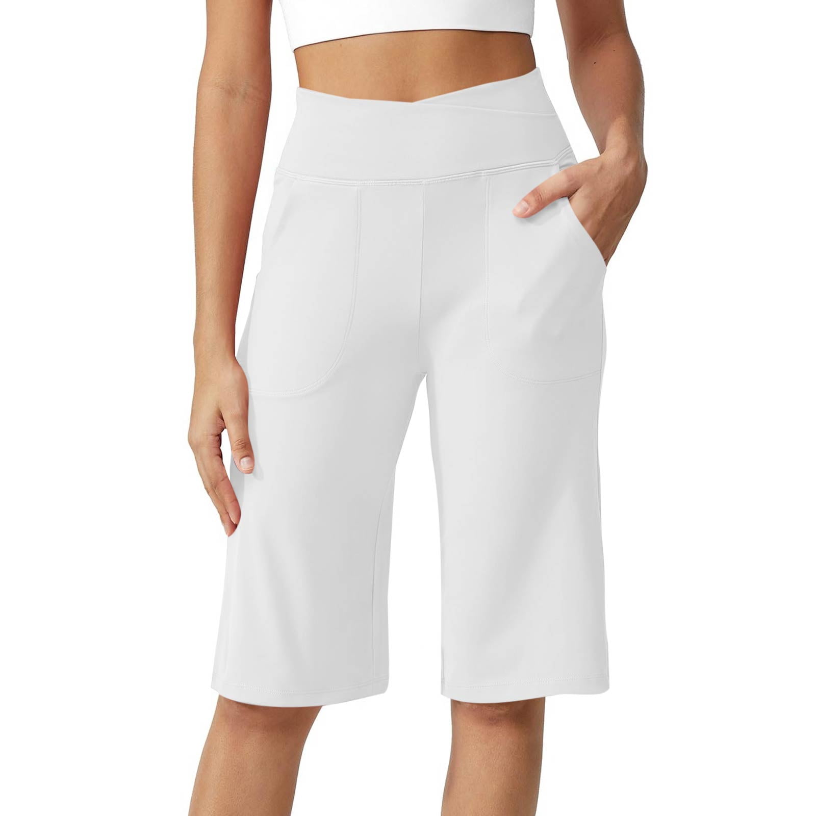 Bermuda Shorts for Women Knee Length Crossover Waist Wide Leg Yoga ...