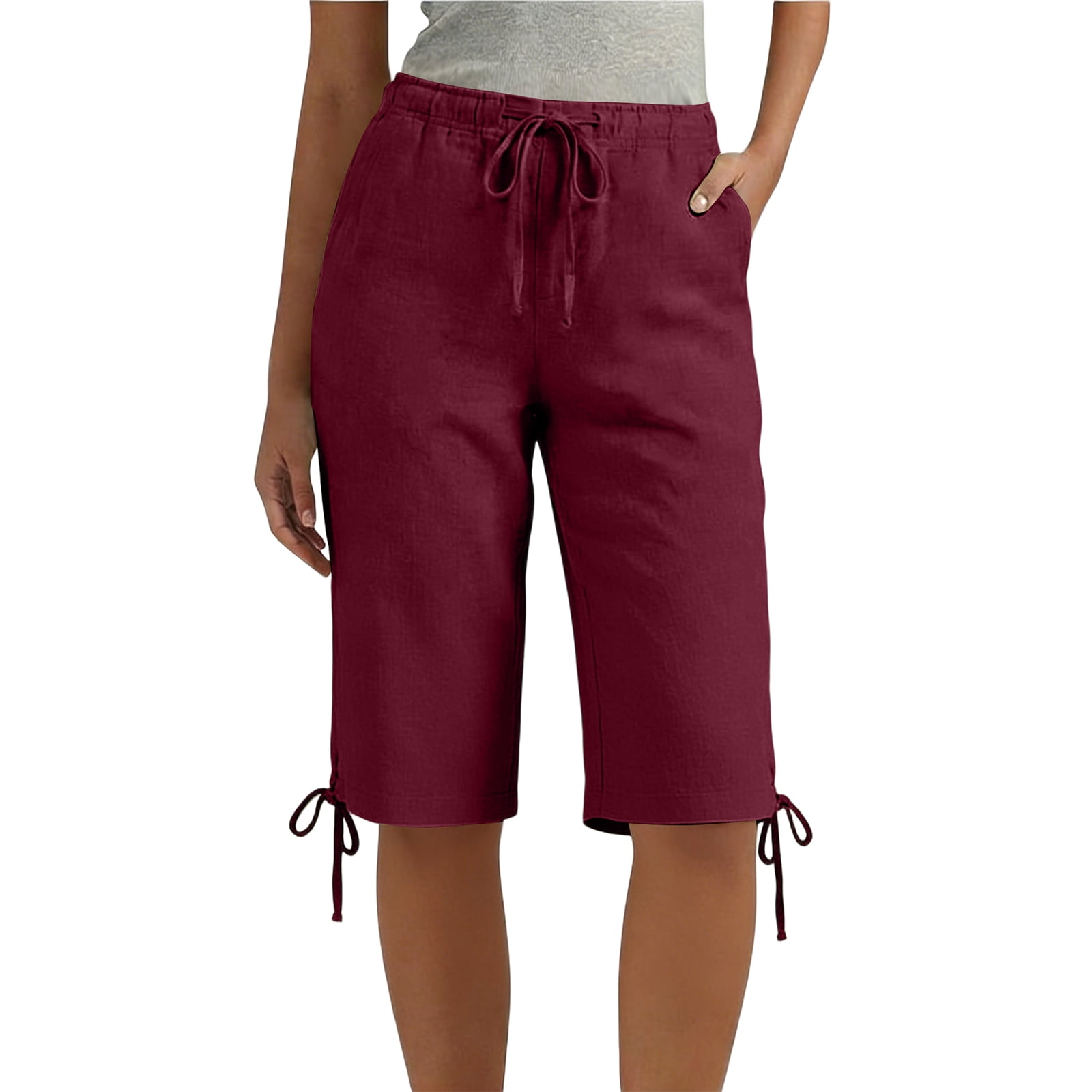 Bermuda Shorts for Women Knee Length Drawstring Elastic Waist Linen ...