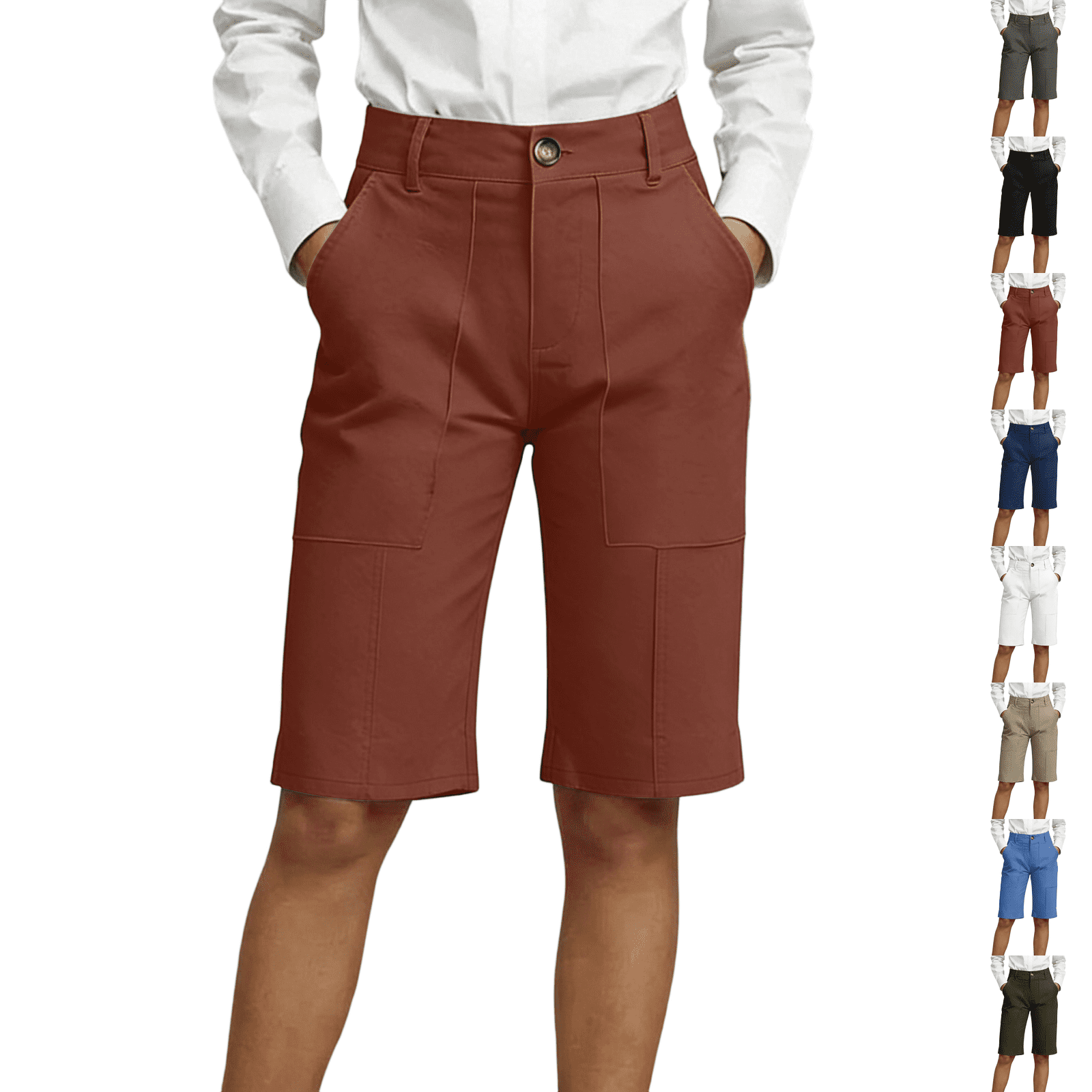 Bermuda Shorts for Women Knee Length High Waisted Cotton Elastic Waist ...