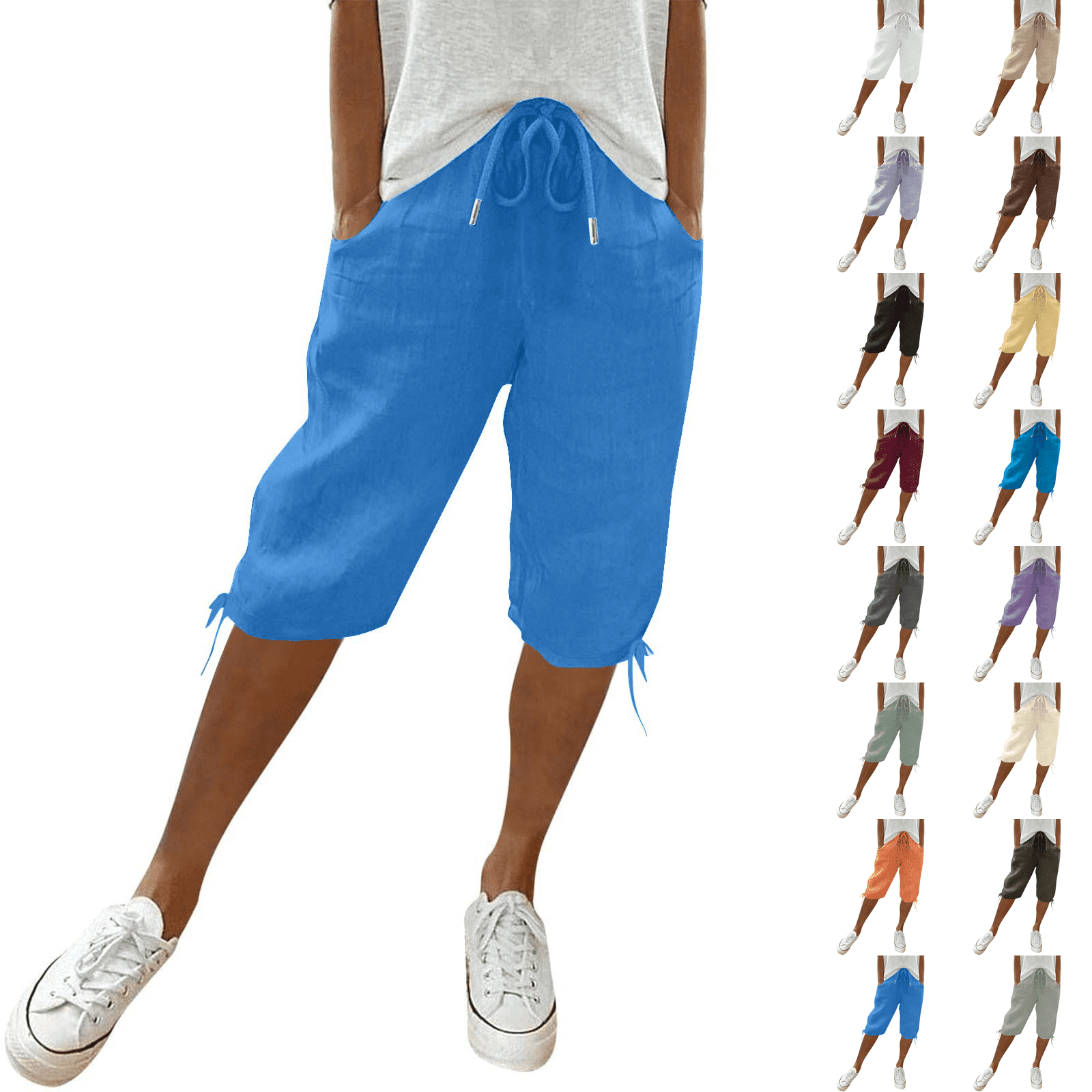 Bermuda Shorts for Women Petite Cotton Linen Knee Length High Waisted ...