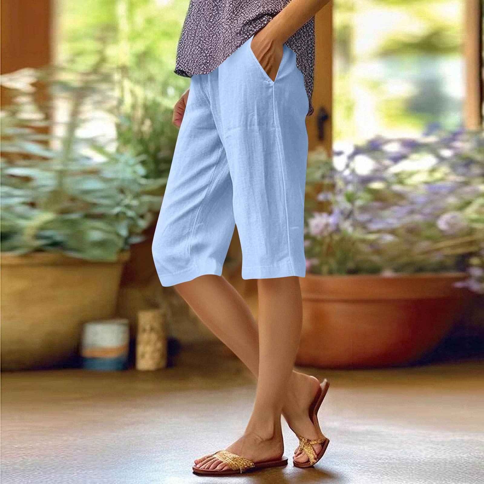 Bermuda Shorts for Women Petite Cotton Linen Knee Length High Waisted ...