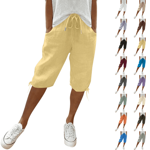 Bermuda Shorts for Women Petite Cotton Linen Knee Length High Waisted ...